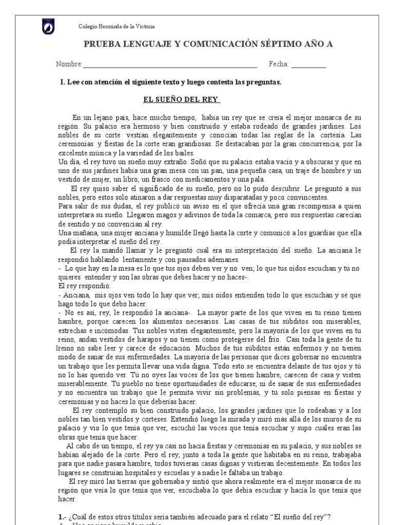 Prueba de Comprensión Lectora y Escritura, Séptimo Básico. | PDF ...