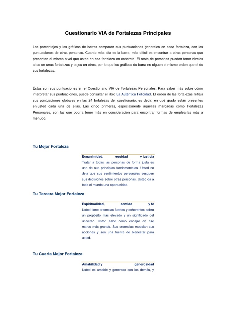 Cuestionario Via de Fortalezas Principales, Silvia Martinez | PDF ...