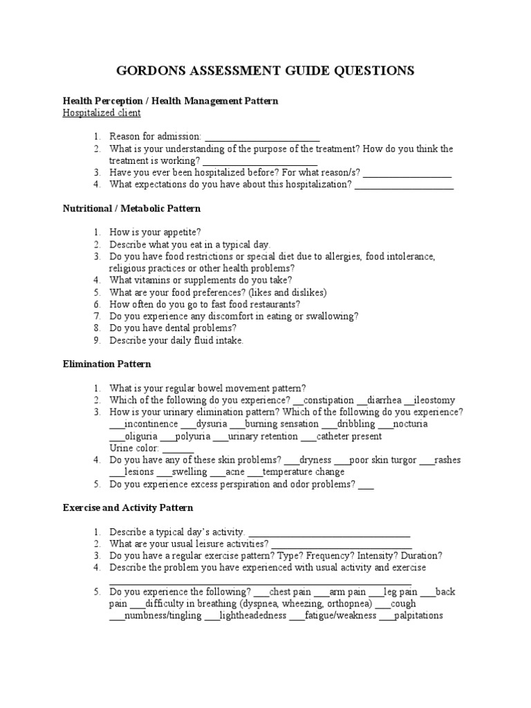 Gordons Assessment Guide Questions: Health Perception / Health ...