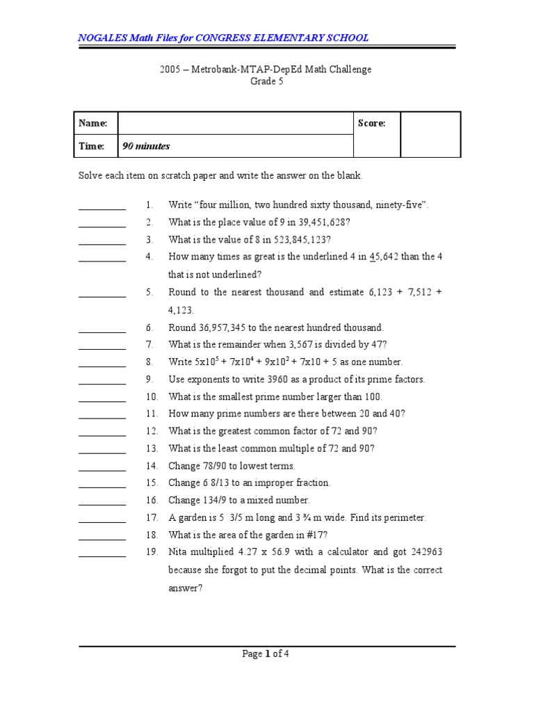 Grade 5 MTAP Math Challenge Review | PDF | Elementary Mathematics | Numbers
