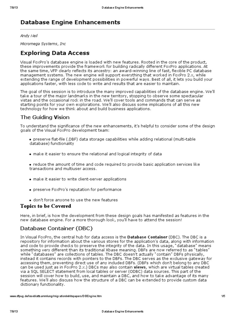 Visual FoxPro Database Engine Features | PDF | Database Index | Databases