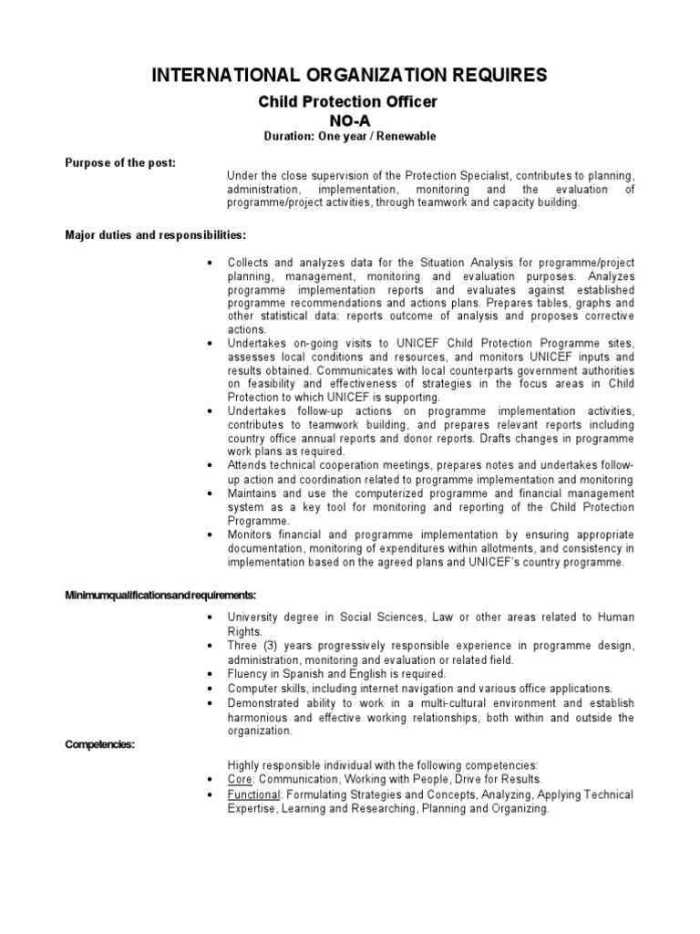 Child Protection Officer Position at UNICEF | PDF | Child Protection ...