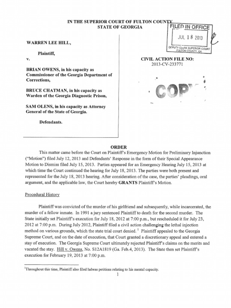 Hill2013 07.18 Order Granting Injunction | PDF