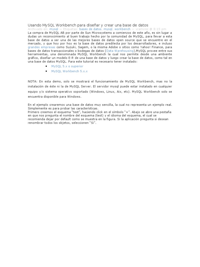 Usando MySQL Workbench para Diseñar y Crear Una Base de | PDF | Mi sql ...