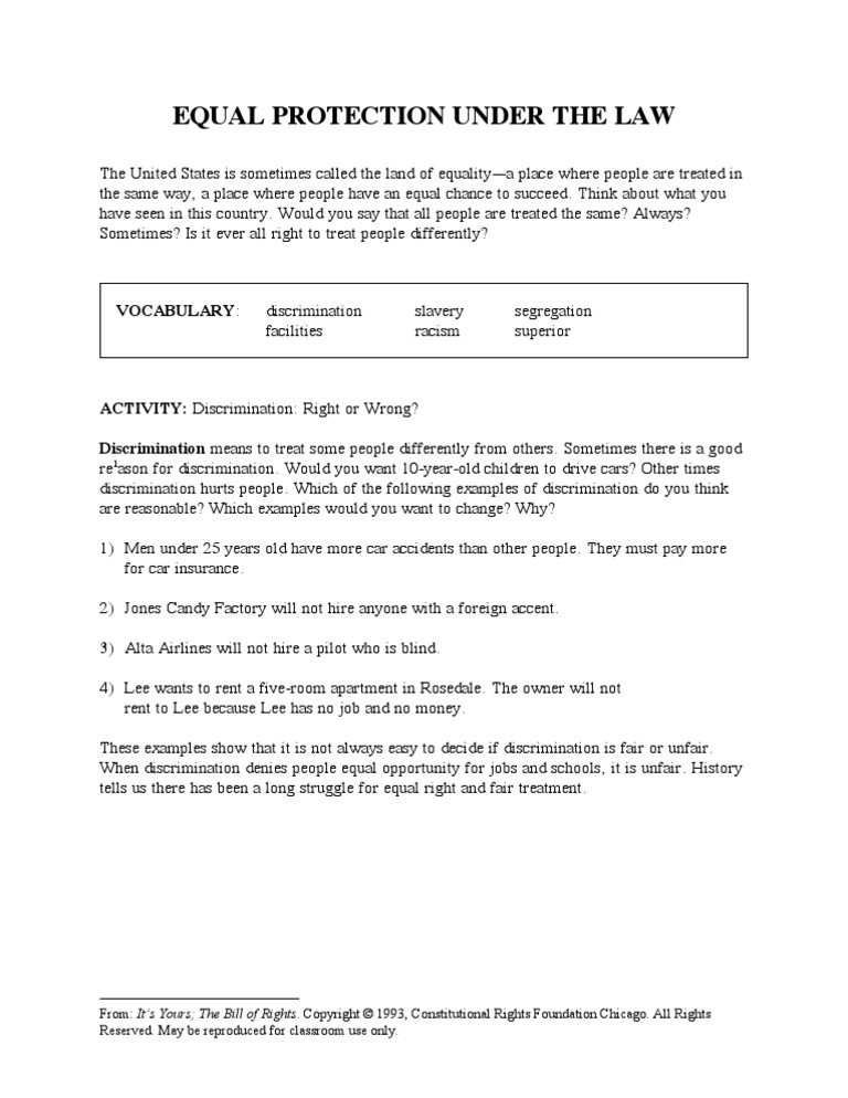Equal Protection Under The Law: Vocabulary | PDF | Discrimination ...