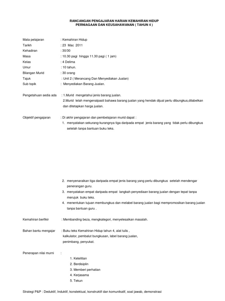 Rancangan Pengajaran Kemahiran Hidup Tahun 4 | PDF | Seni ...