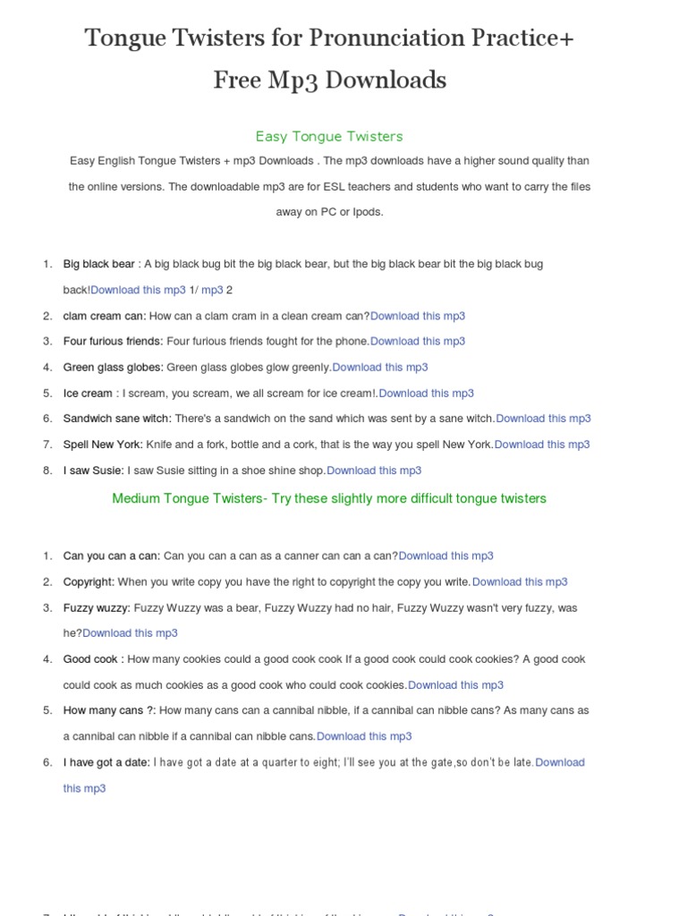 Tongue Twisters For Pronunciation Practice | PDF | Download | Nature
