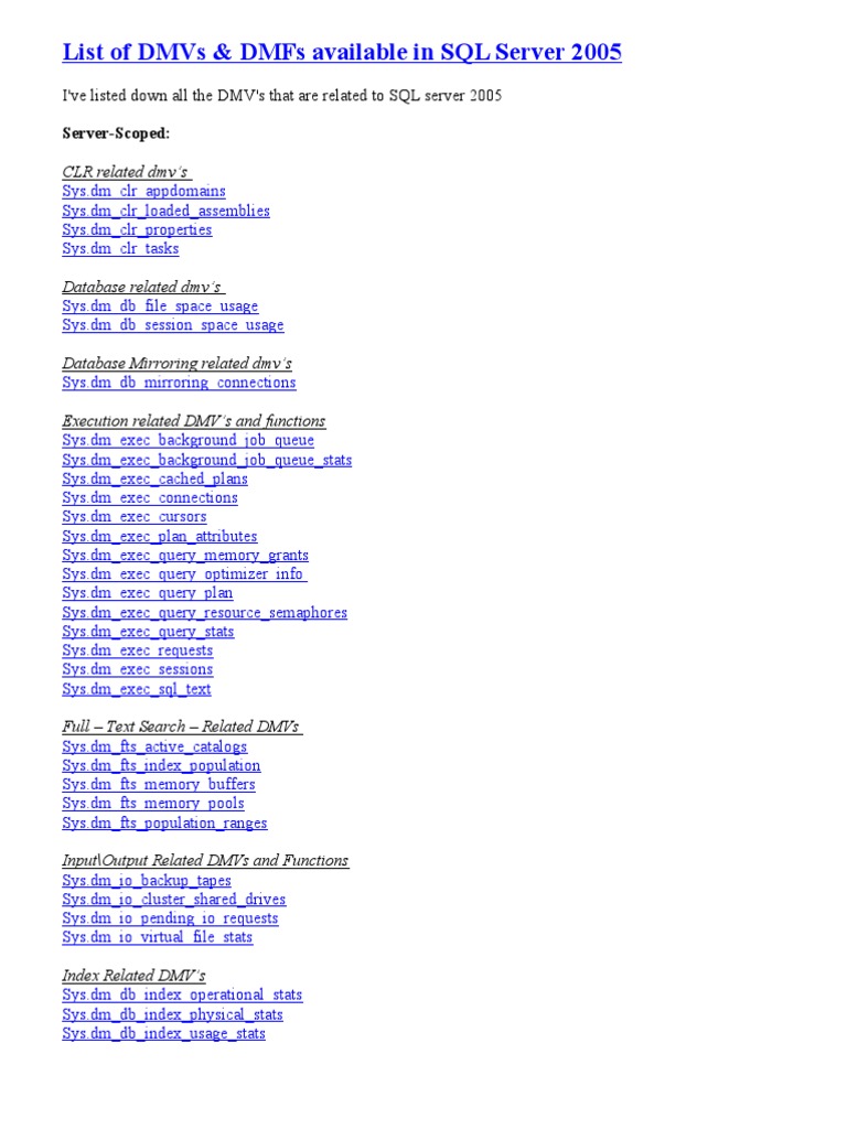 List of DMVs | PDF | Microsoft Sql Server | Sql