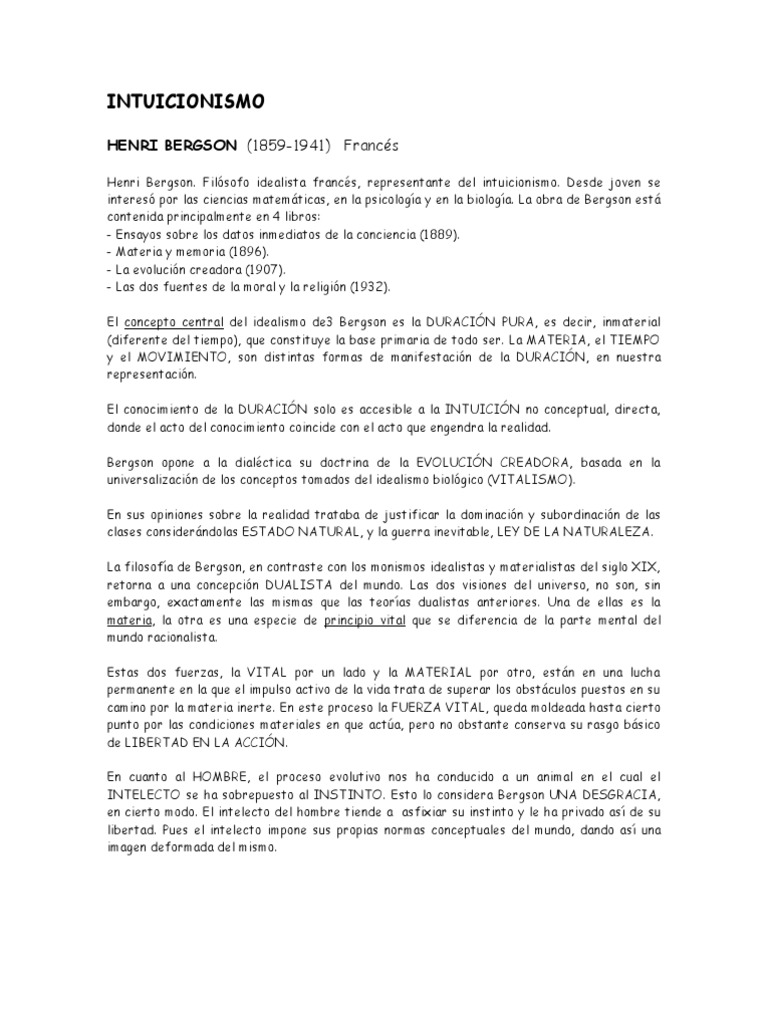 Filosofía del Intuicionismo de Bergson | PDF | Henri Bergson | Comprensión