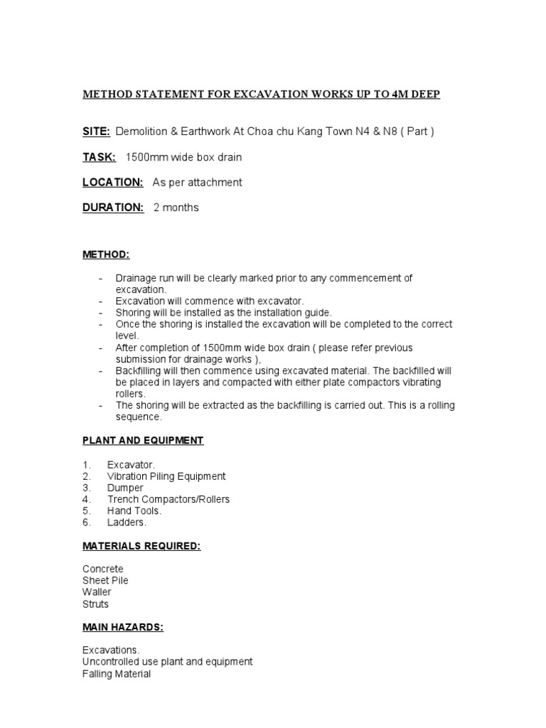 Method of Statement-Drain & Shoring | PDF | Excavation (Archaeology ...