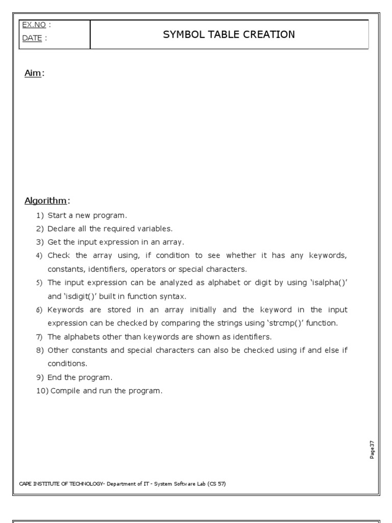 Symbol Table Creation: CAPE INSTITUTE OF TECHNOLOGY-Department of IT ...