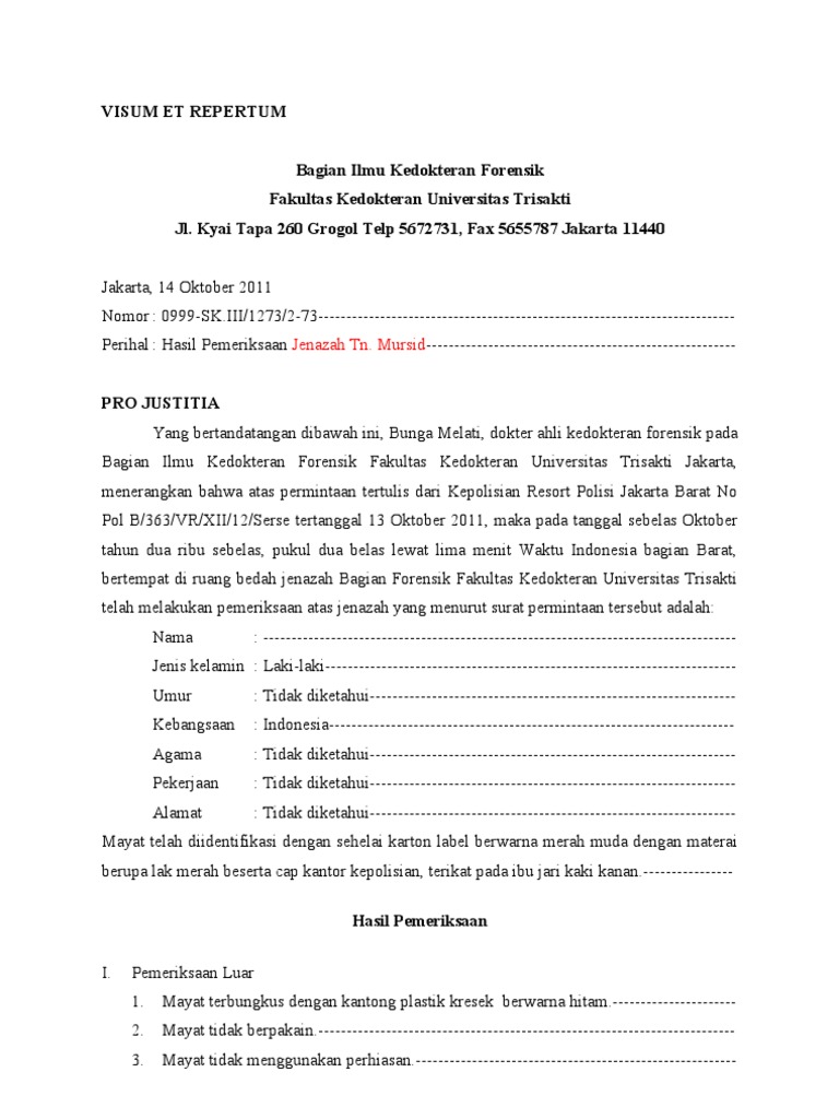Contoh Visum Et Repertum Jenazah | PDF