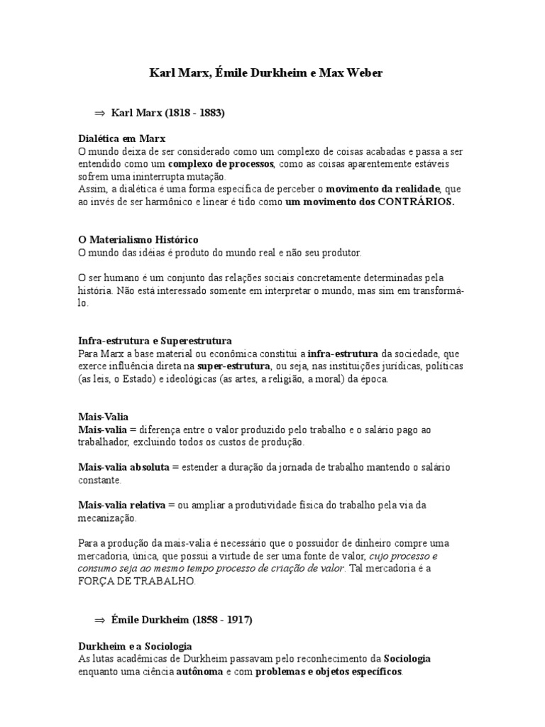 Pensamentos Sociológicos Karl Marx, Émile Durkheim e Max Weber | PDF ...