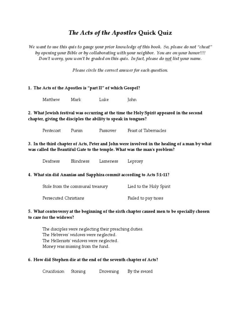 Acts Quiz Answers and Results | PDF | Acts Of The Apostles | Paul The ...
