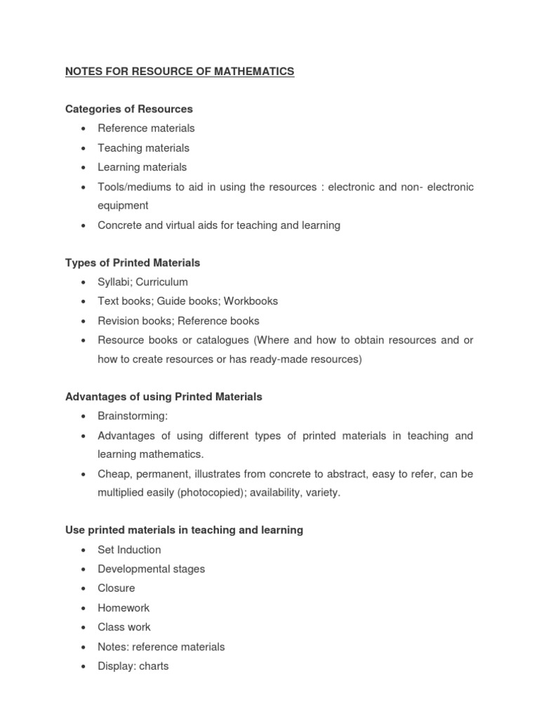 Notes For Resource of Mathematics | PDF | Weighing Scale | Weight