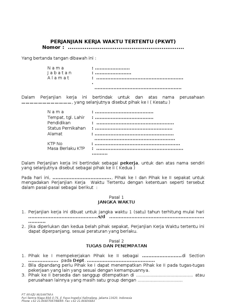 Contoh Draft PKWT. | PDF