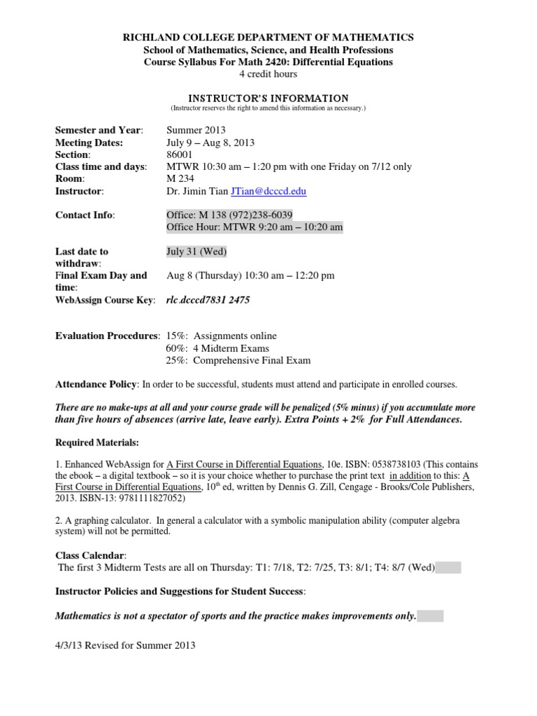 Math 2420 Syllabus SU 2013 | PDF | Ordinary Differential Equation ...