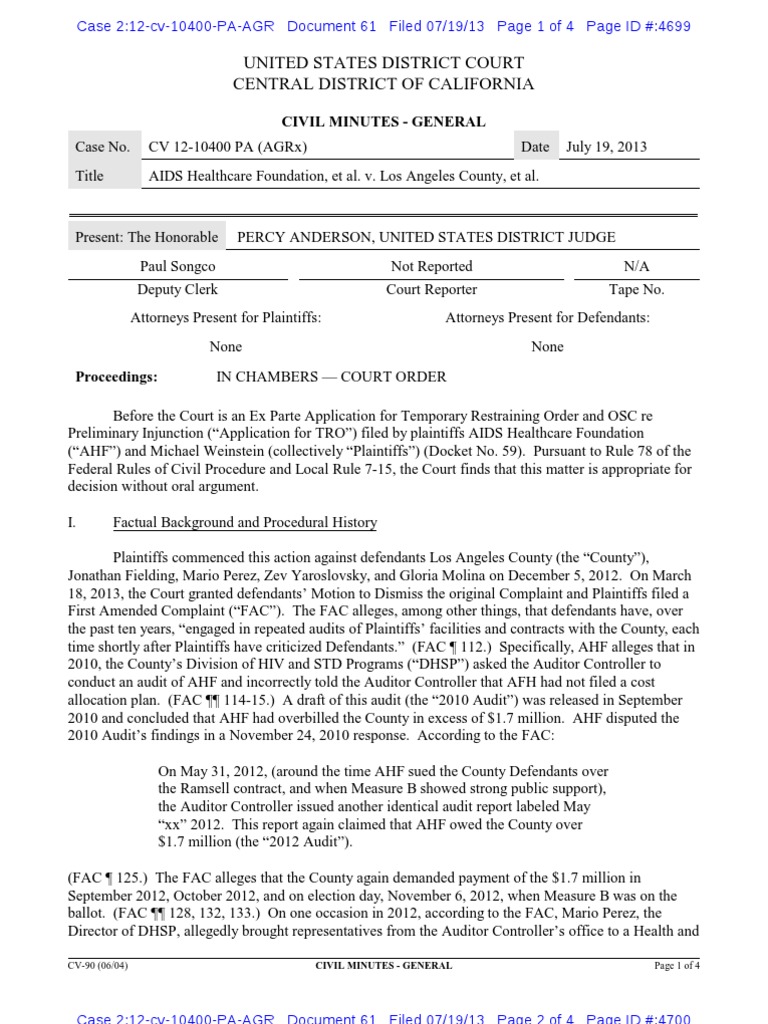 Court order denying temporary restraining order against L.A. County ...