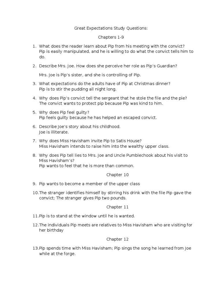 Great Expectations Study Questions (Ch. 1-9) | PDF | Estella (Great ...