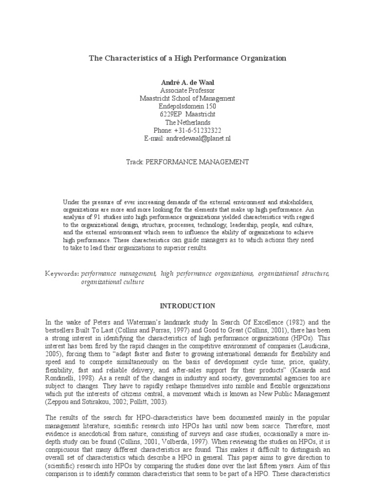 Characteristics of A High Performance Organization | PDF | Leadership ...
