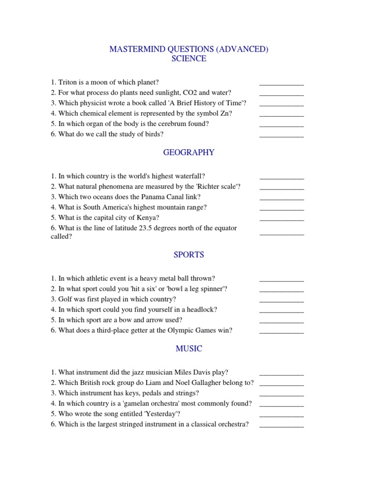 Mastermind Questions (Advanced) Science | PDF | String Instruments ...