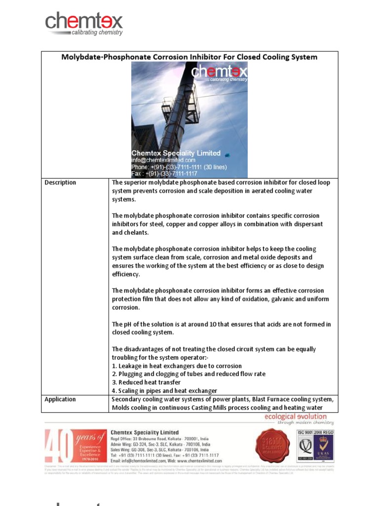 Molybdate-Phosphonate Inhibitor for Cooling Systems | PDF | Water ...