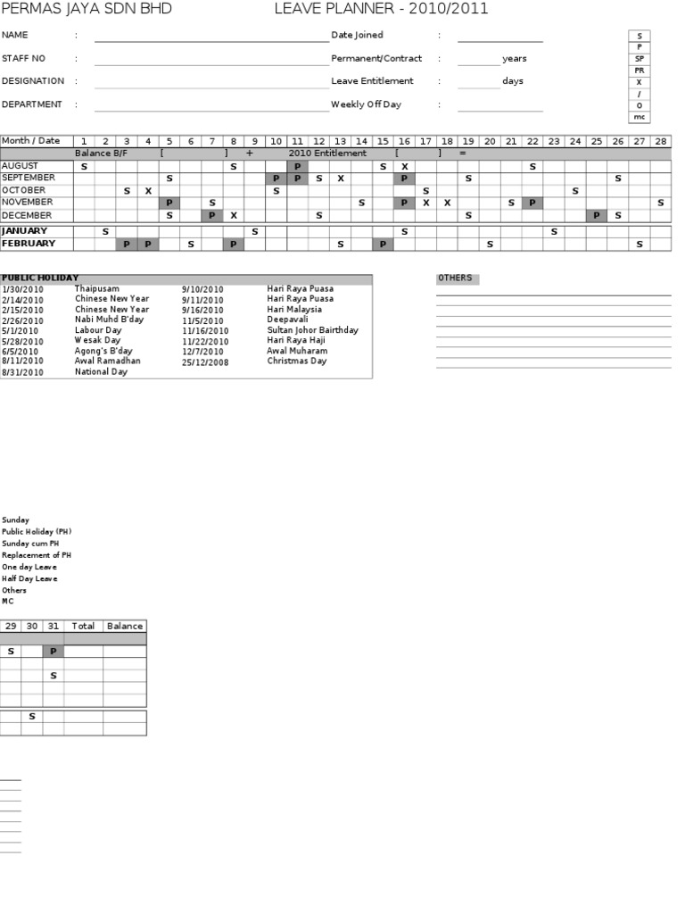 2010/2011 Leave Planner Template | PDF