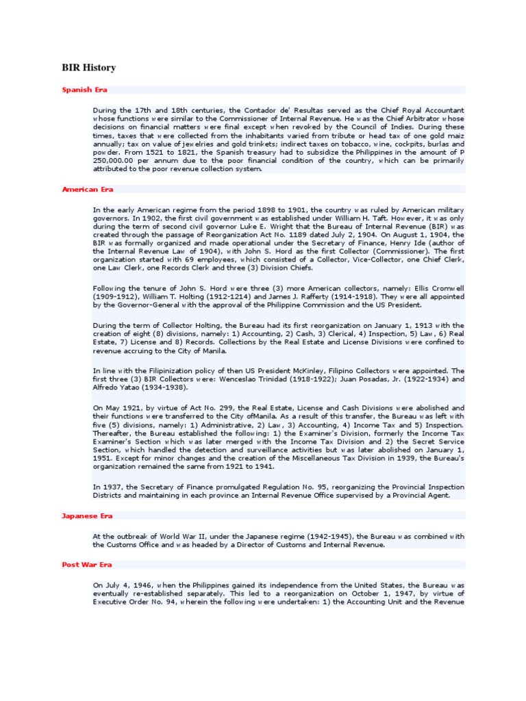 BIR History | PDF | Taxes | Payments