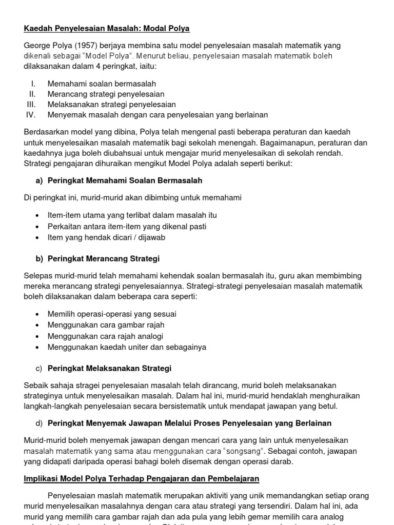 Model Polya dalam Penyelesaian Masalah Matematik | PDF | Karier ...