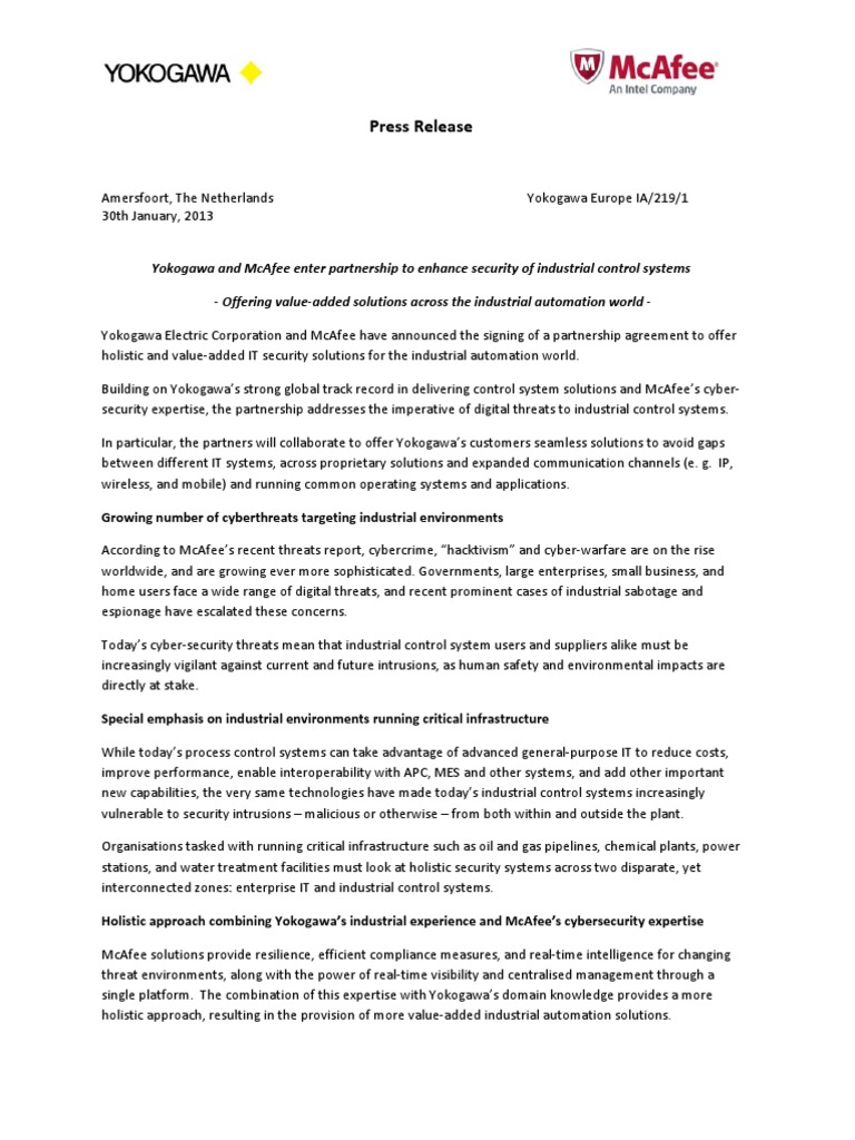 Yokogawa IA and McAfee Form Partnership | PDF | Computer Security ...