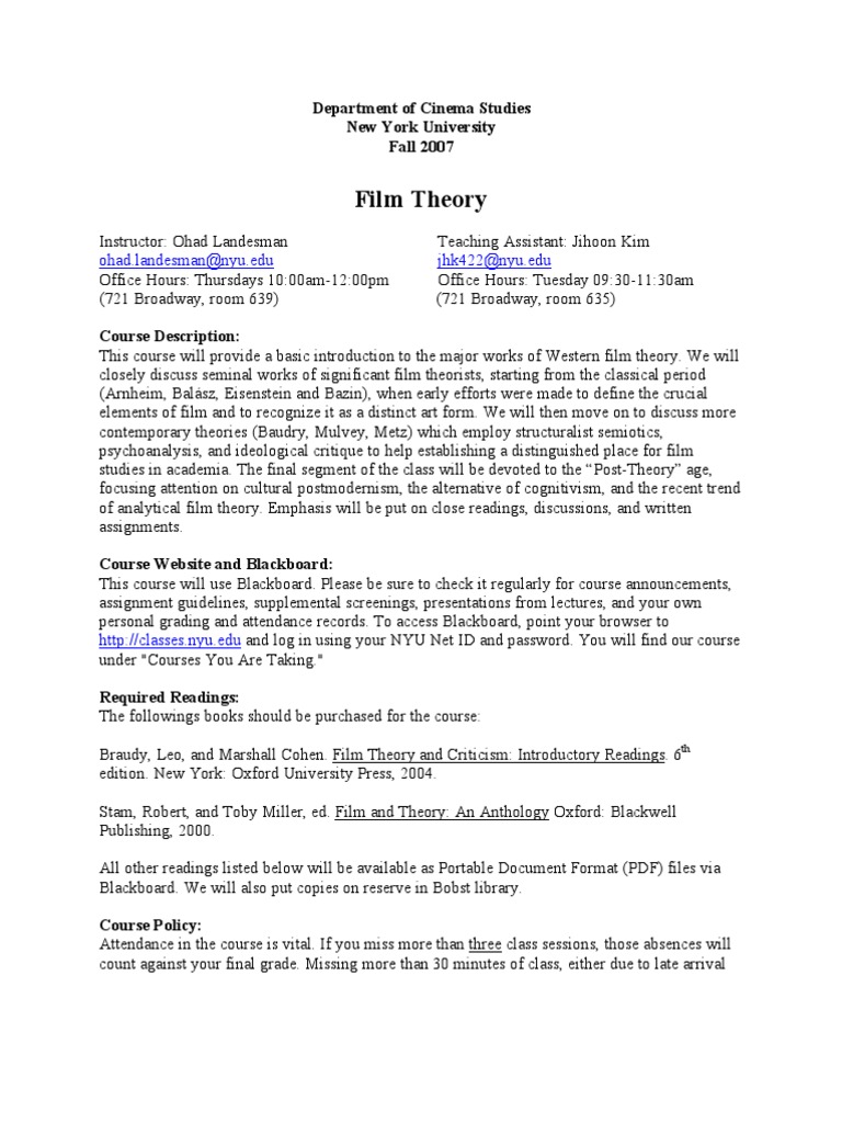 Film Studies Syllabus Nyu | PDF | Film Theory | Science