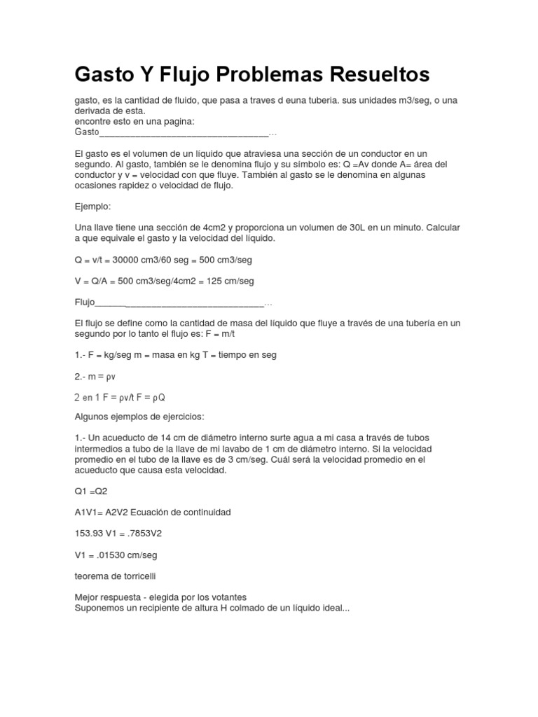 Ejercicios Resueltos de Gasto y Flujo | PDF | Líquidos | Derivado