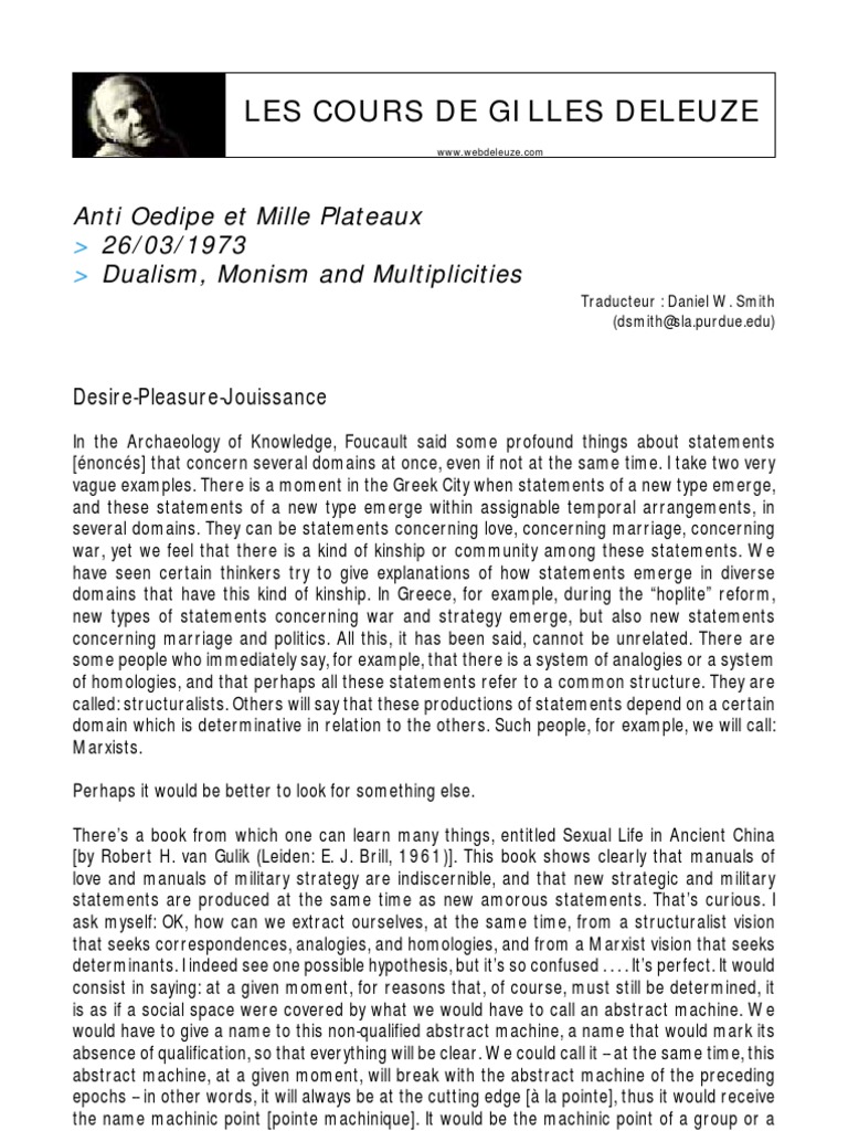 Les Cours de Gilles Deleuze: Anti Oedipe Et Mille Plateaux 26/03/1973 Dualism, Monism and ...