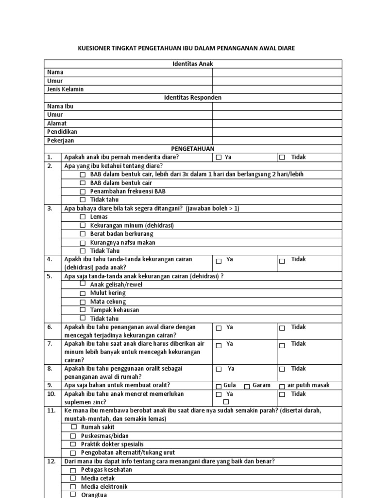 Kuesioner Tingkat Pengetahuan Ibu Dalam Penanganan Awal Diare | PDF