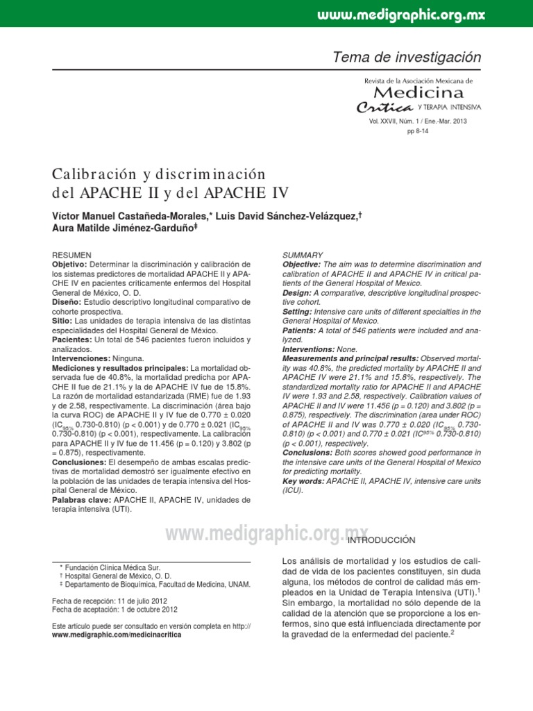 APACHE II y IV | PDF | Estadísticas | Hospital