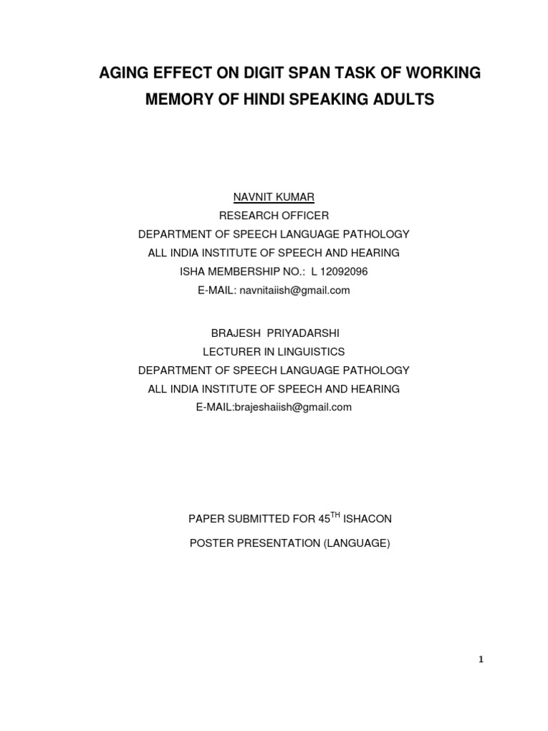 Aging Effect On Digit Span Task of Working Memory of Hindi Speaking ...