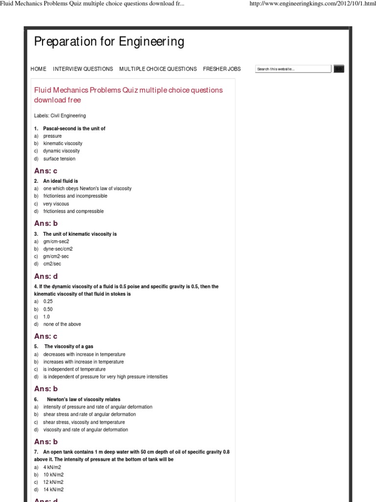 Fluid Mechanics Problems Quiz Multiple Choice Questions Download Free ...