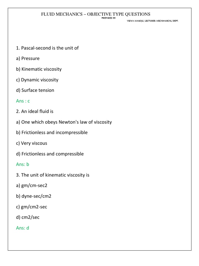 Fluid Mechanics MCQ Question Bank | PDF | Viscosity | Fluid Mechanics