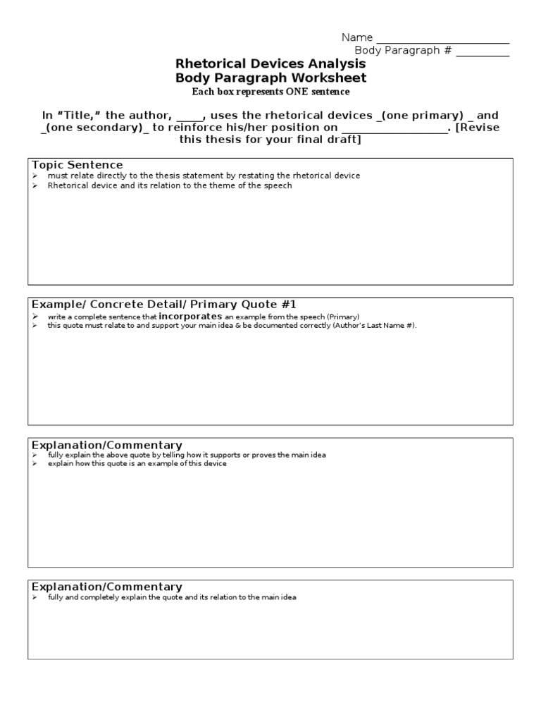 Rhetorical Devices Analysis Body Paragraph Worksheet | PDF