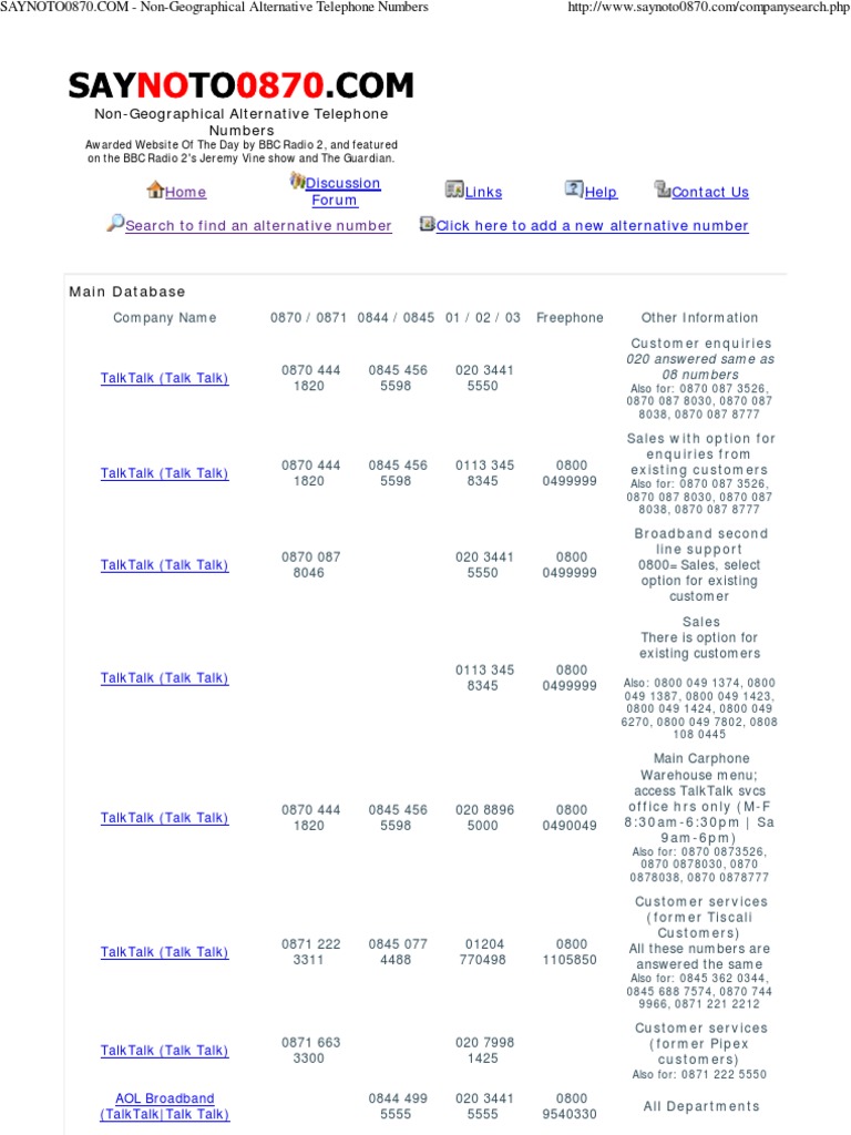TalkTalk Numbers | PDF | Telecommunications | Internet Access