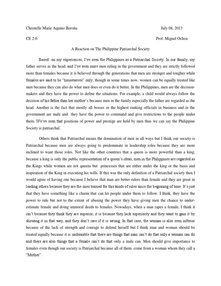Reaction Paper On Patriarchal Governing in The Philipppines | PDF ...