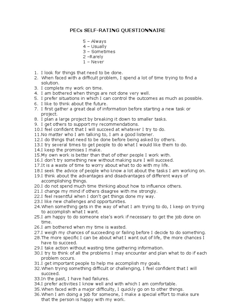 Self-Rating Questionnaire for PECs | PDF | Psychological Concepts ...