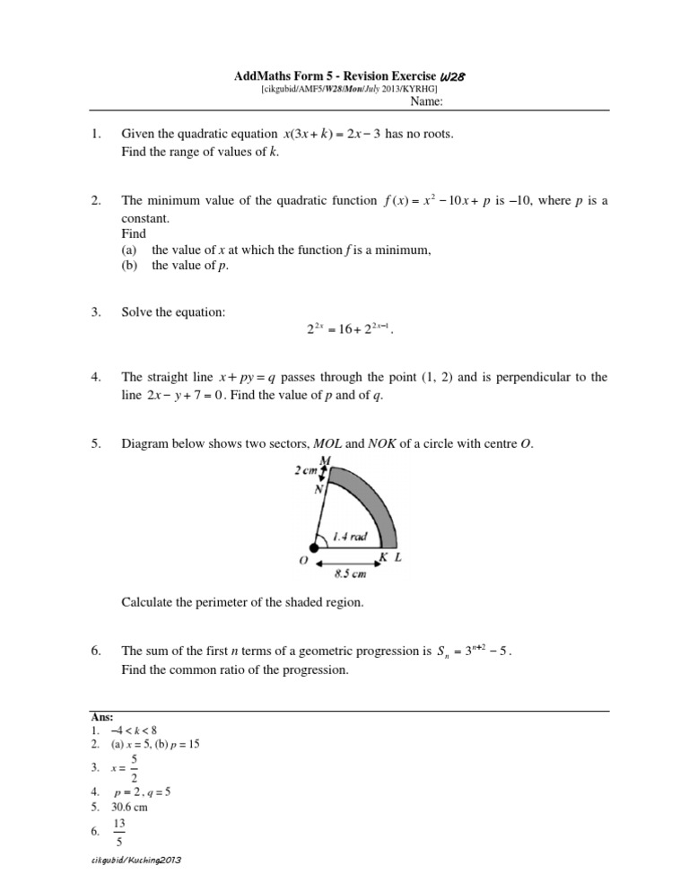 AddMaths Form 5 Quick Revision Exercise | PDF