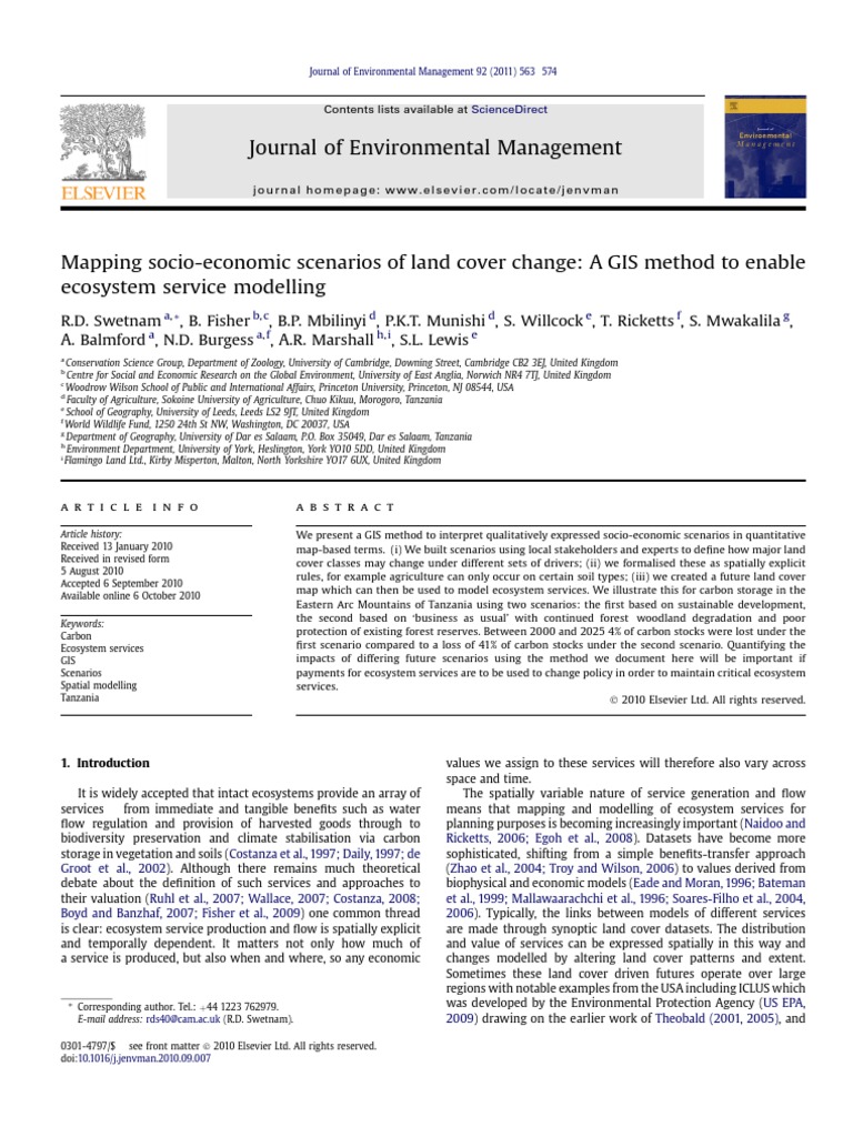 Swetnam_2011_Journal of Environmental Management | Ecosystem Services ...