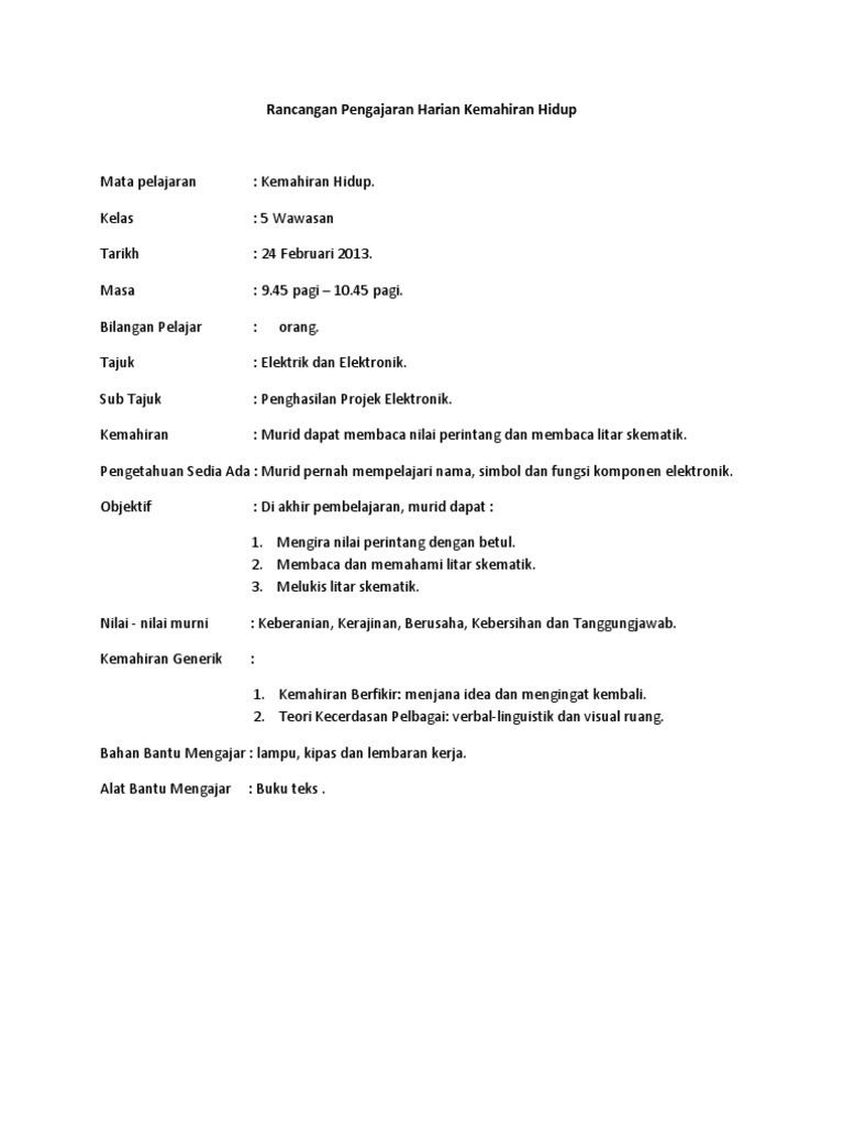 RPH Kemahiran Hidup T5 (Perintang Dan Membaca Litar) | PDF