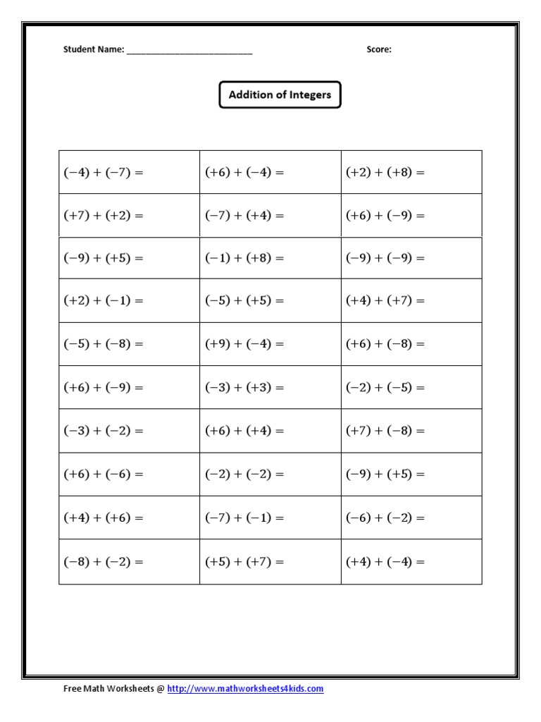 Addition of Integers: Student Name: - Score | PDF | Business | Teaching ...