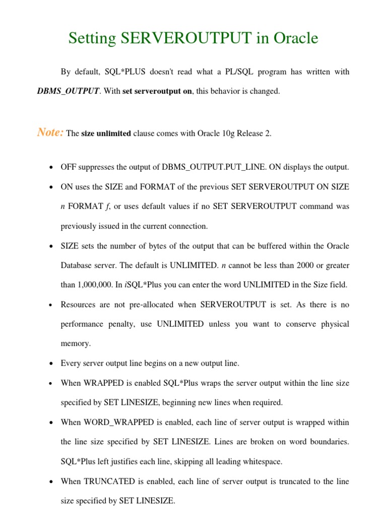 Oracle SERVEROUTPUT Configuration Guide | PDF