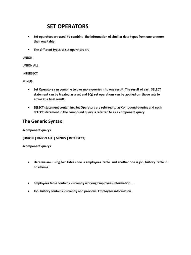 Set Operators: The Generic Syntax | PDF | Table (Database) | Sql