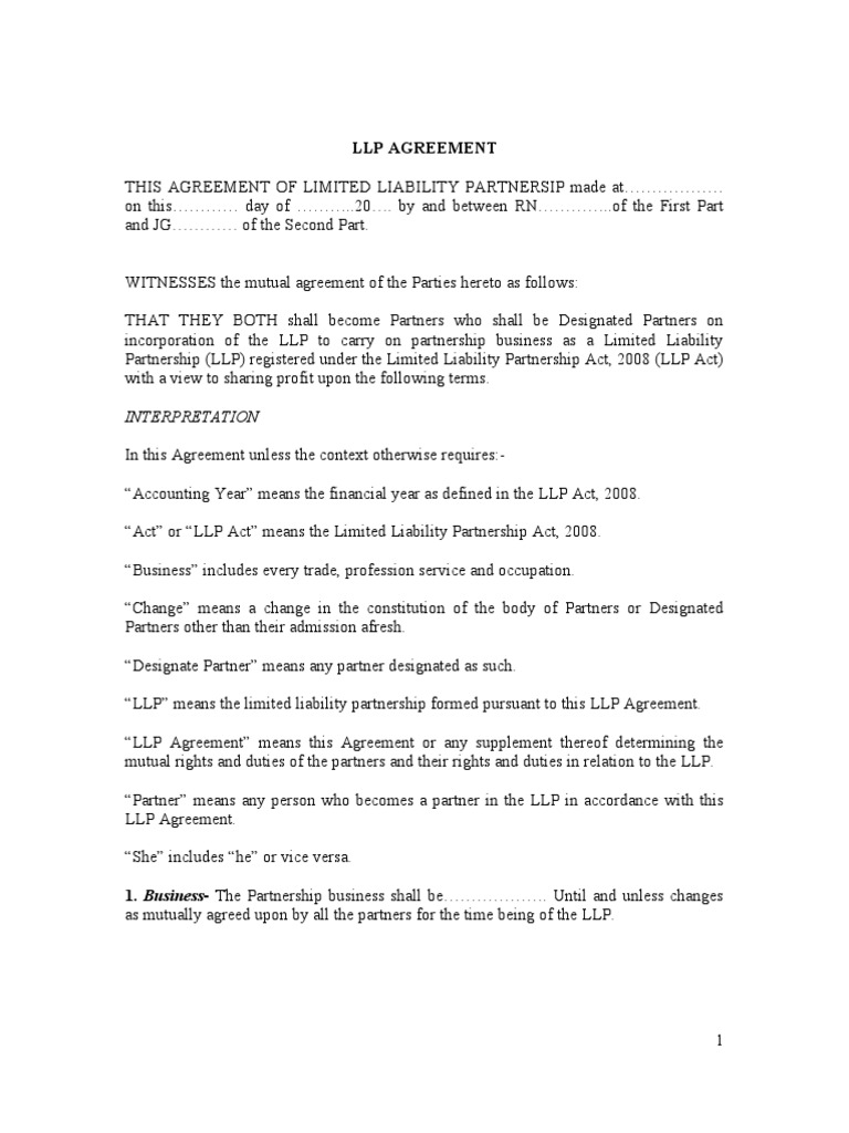 LLP Agreement Specimen | PDF | Limited Liability Partnership | Law