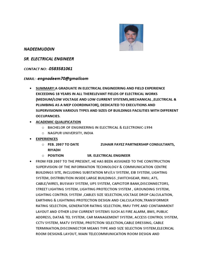 Senior Electrical Engineer CV | PDF | Electrical Substation | Electricity